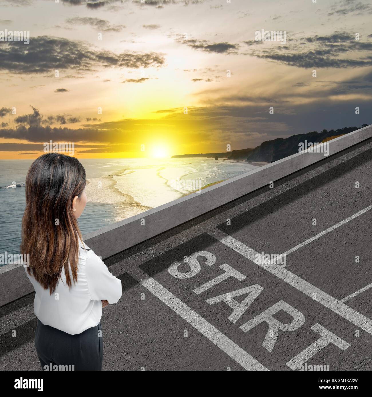 Rear view of Asian businesswoman standing in the start line on the ...