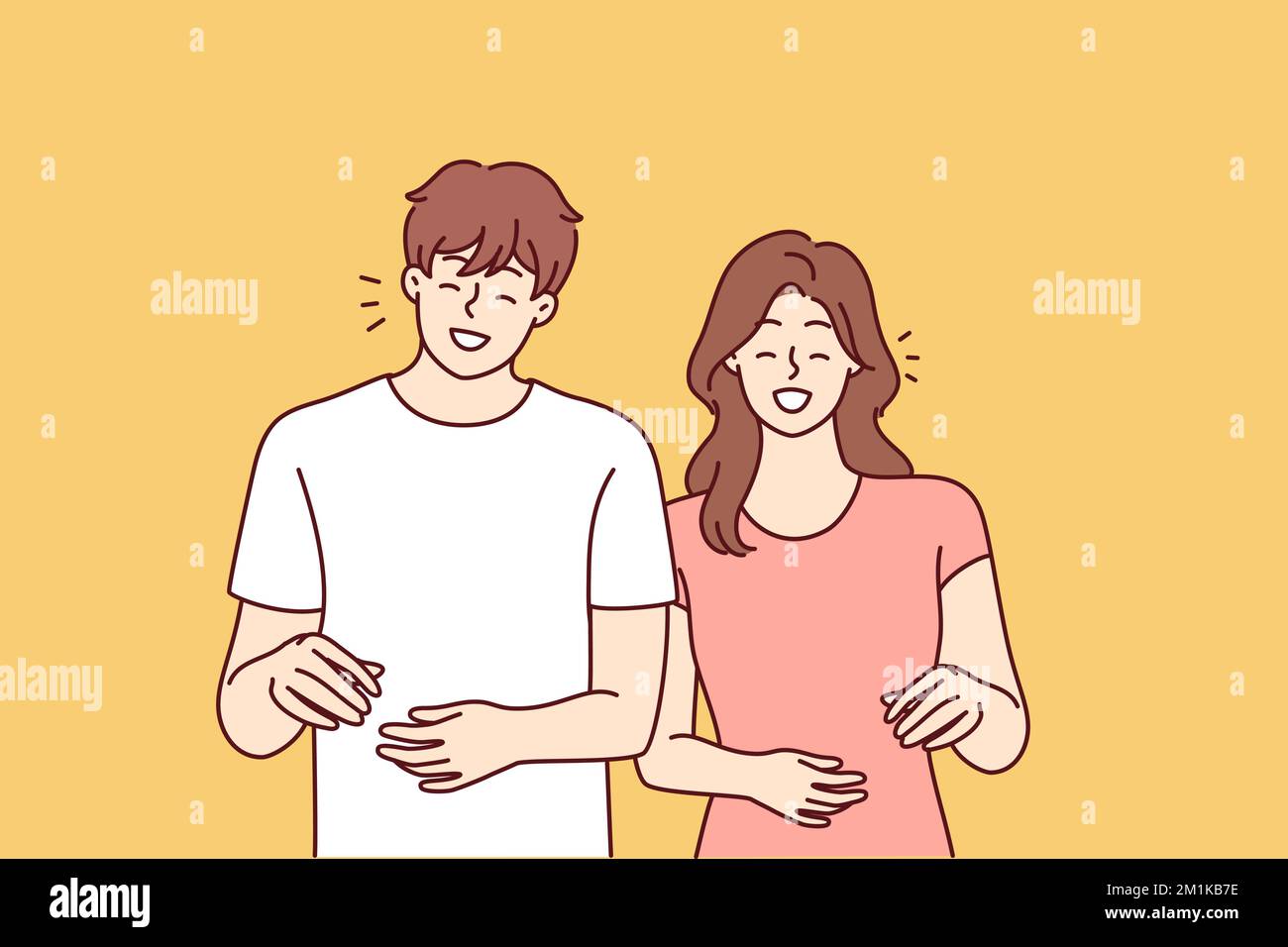 Happy man and woman stands and smiling experience positive emotions ...