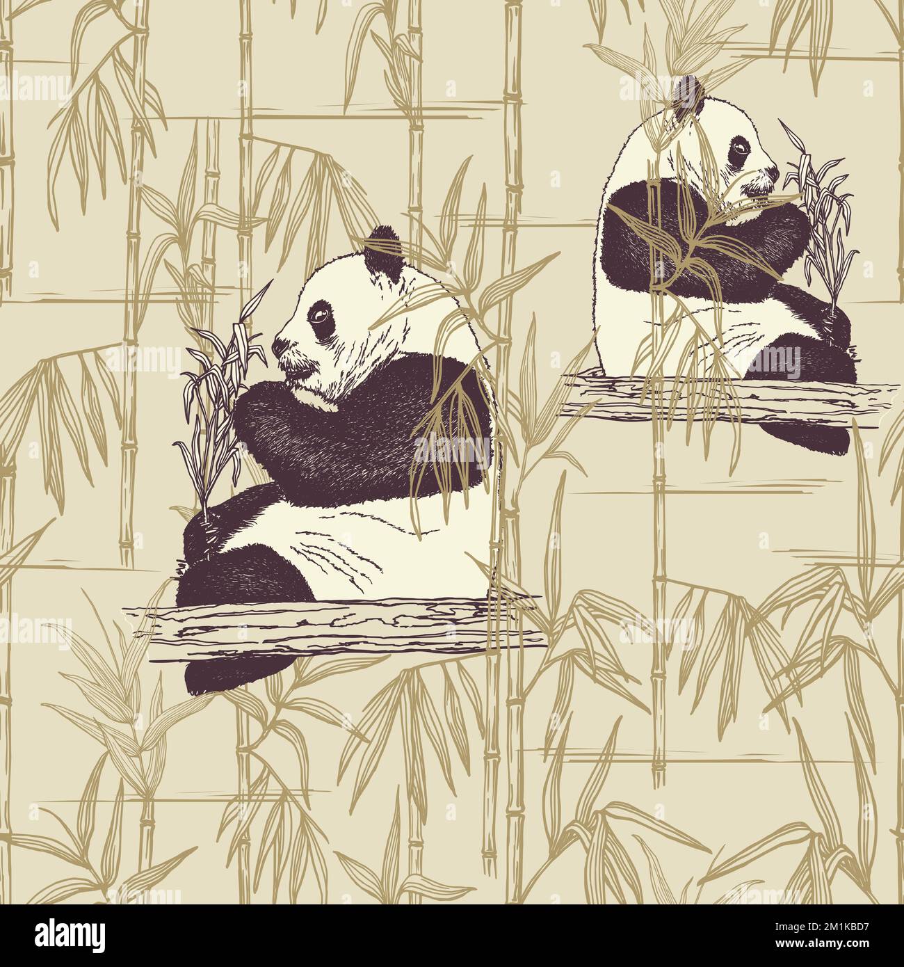 Cute pandas in bamboo thickets. Vector background. Pen and ink drawing ...