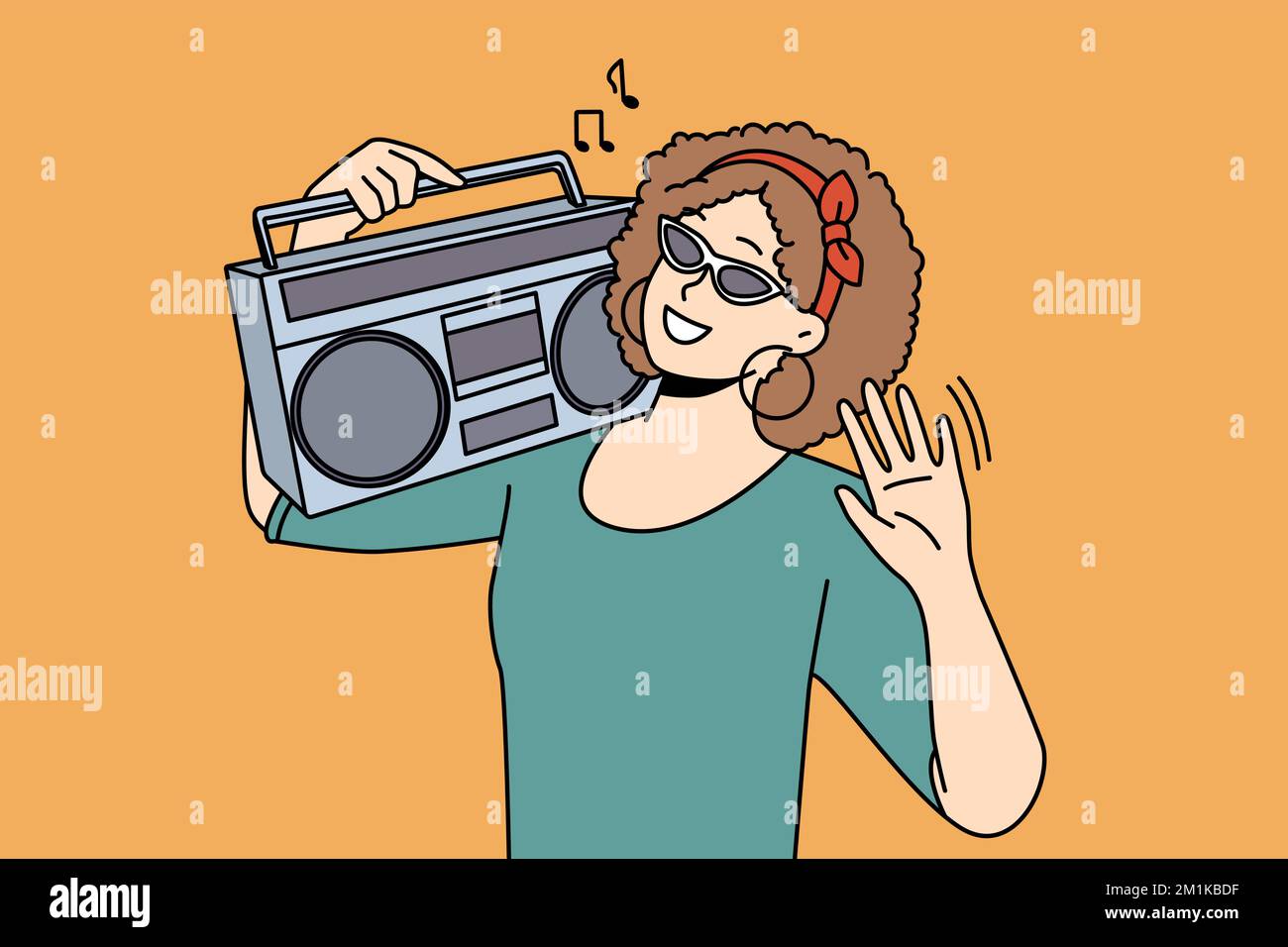 Smiling young woman in sunglasses with stereo on shoulder listen to ...