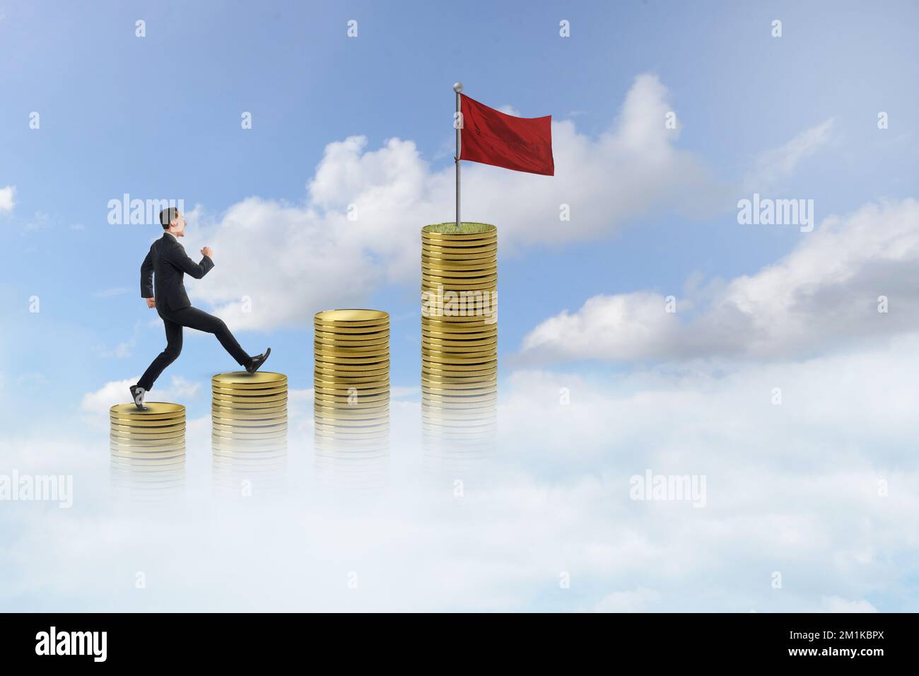 Asian businessman climb coin stairs with blue sky background Stock ...