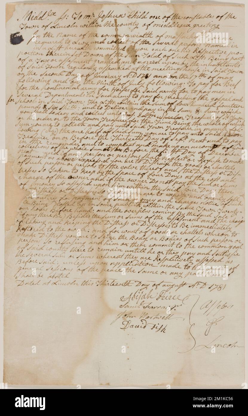 Assessors warrant to collect taxes , Tax collection Stock Photo - Alamy