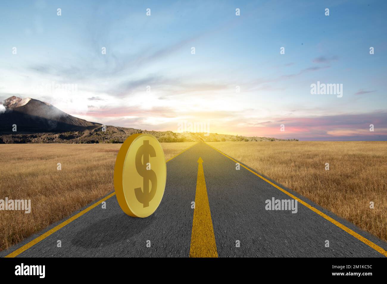 Coin rolling on the street with sunset sky background Stock Photo - Alamy