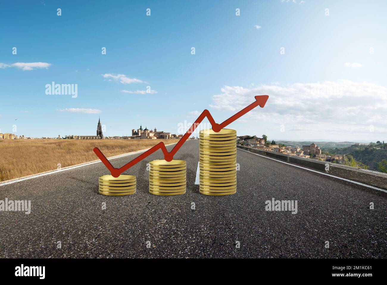 Increased coin graph arrow on the street Stock Photo - Alamy