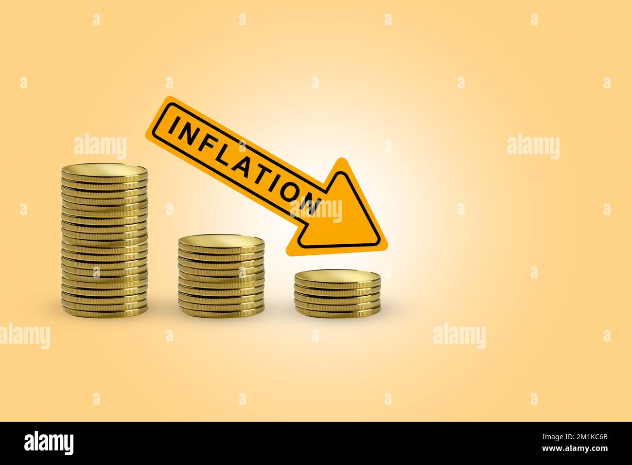 Decreased coin graph arrow with inflation sign and colored background ...