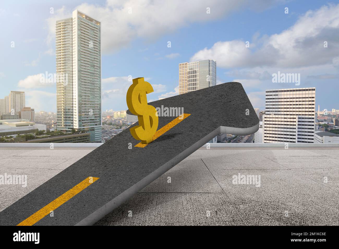 Dollar sign on the street arrow with a cityscape background Stock Photo ...