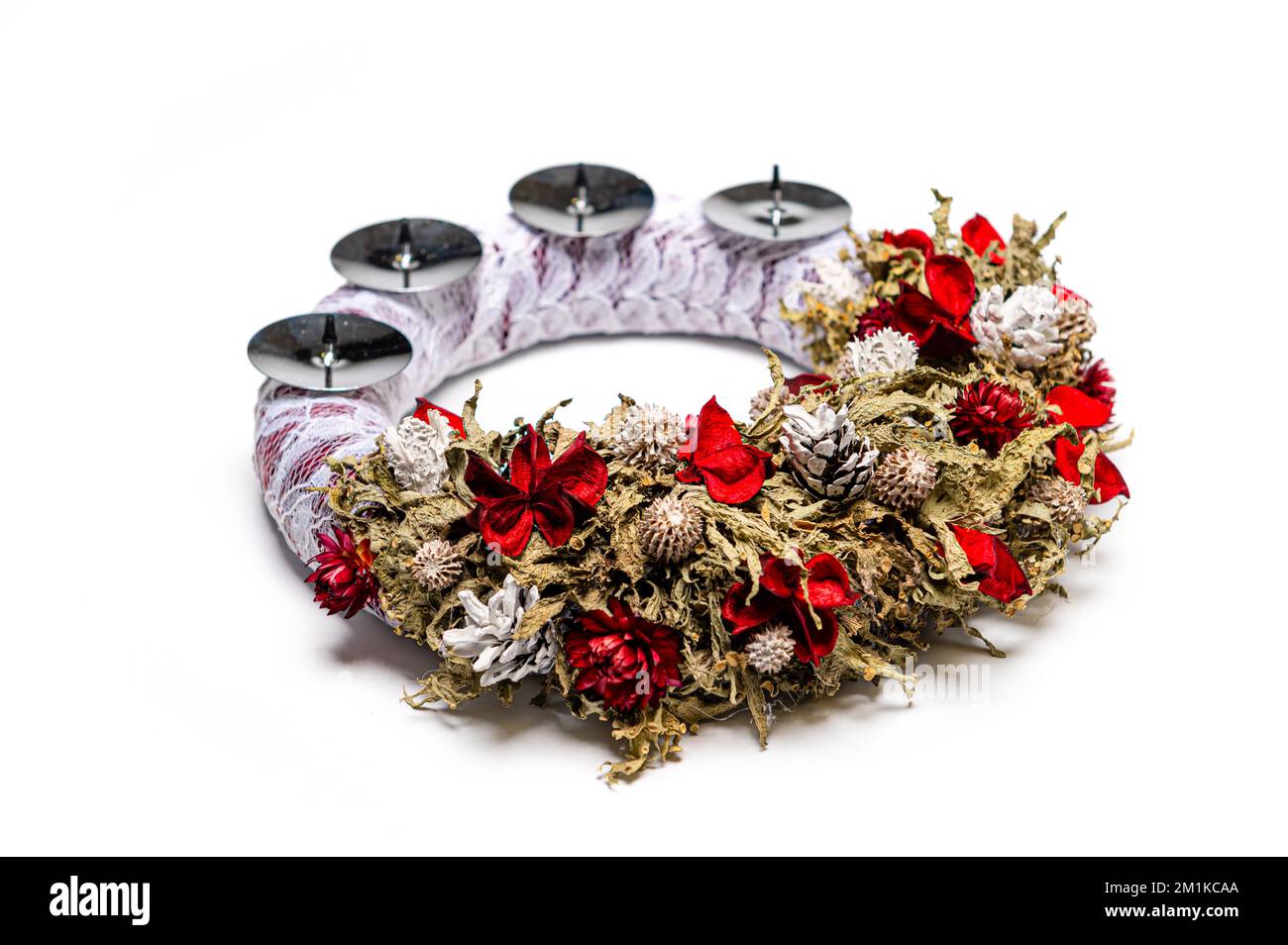 christmas wreath with red ribbon decoration isolated on white ...