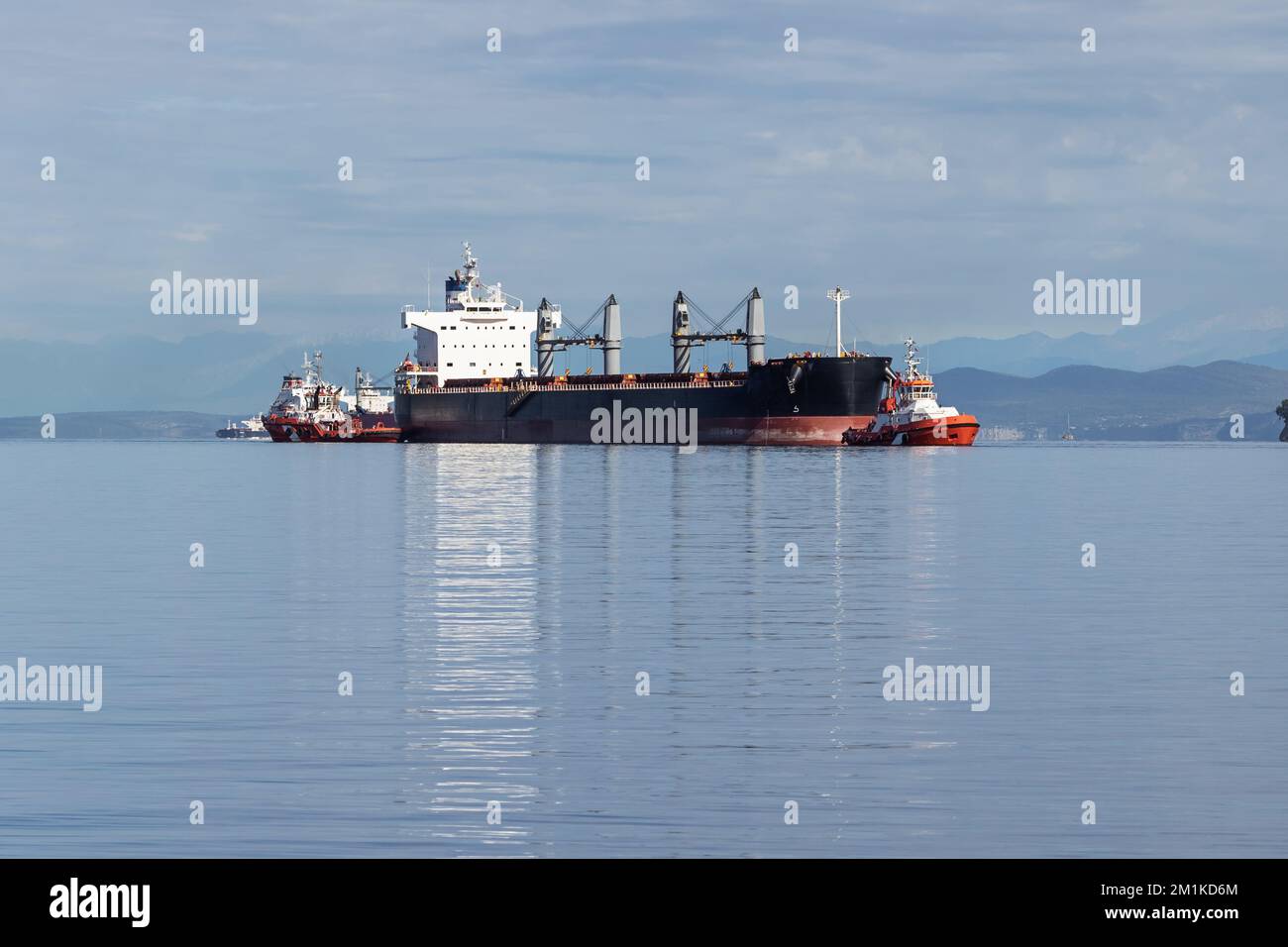 A cargo ship is piloted in the harbor of Koper in the Adriatic Sea ...
