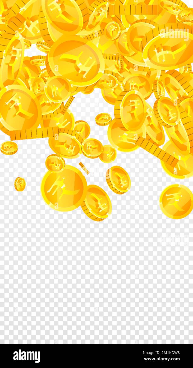 Indian rupee coins falling. Scattered gold INR coins. India money ...
