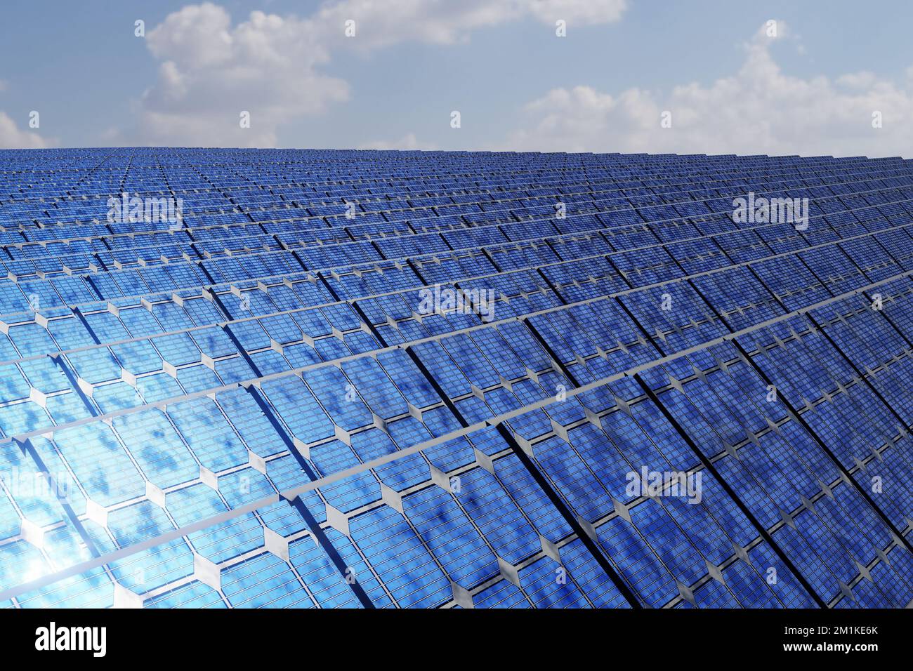 A 3D render of glowing bright blue solar panels under a bright sky ...