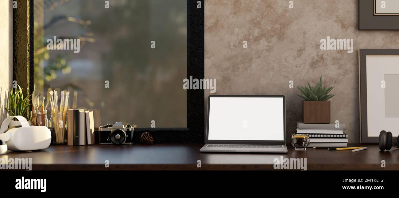 Modern loft office desk workspace with laptop white screen mockup ...