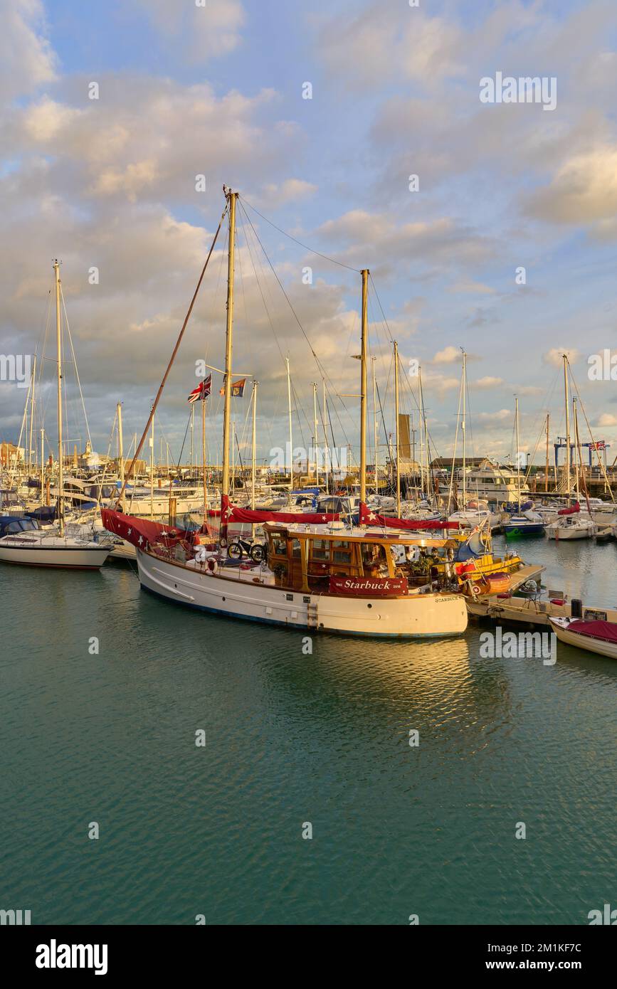 A vertical shot of the historic ship Starbuck in Ramsgate Royal Harbor ...
