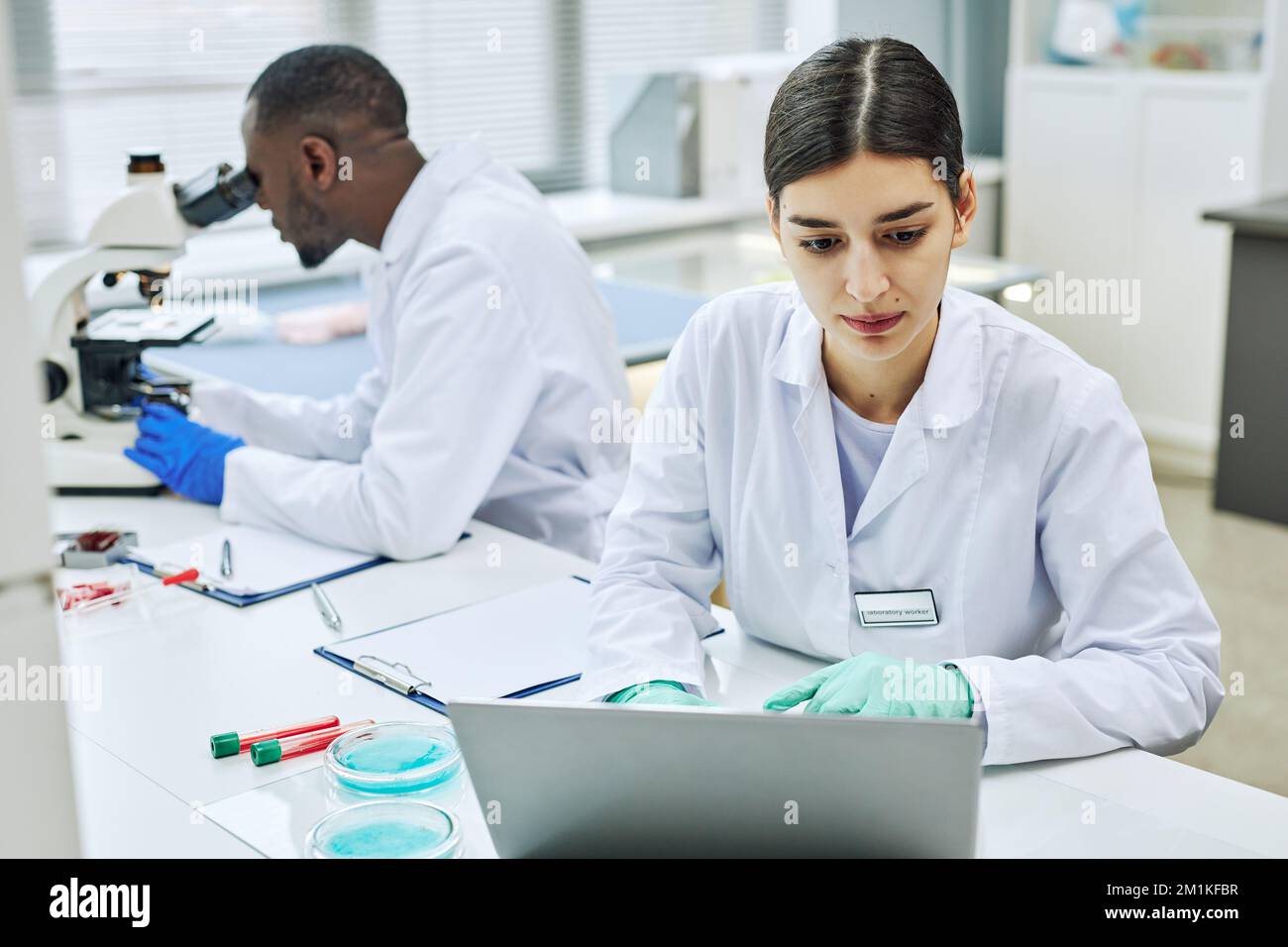 Portrait of young Middle Eastern woman using laptop in laboratory while ...