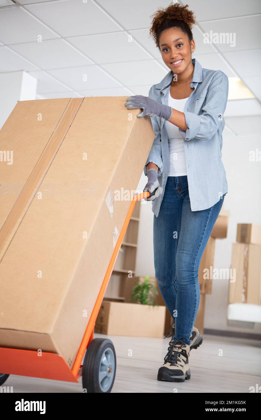 worker pushing trolley with boxes in warehouse Stock Photo - Alamy