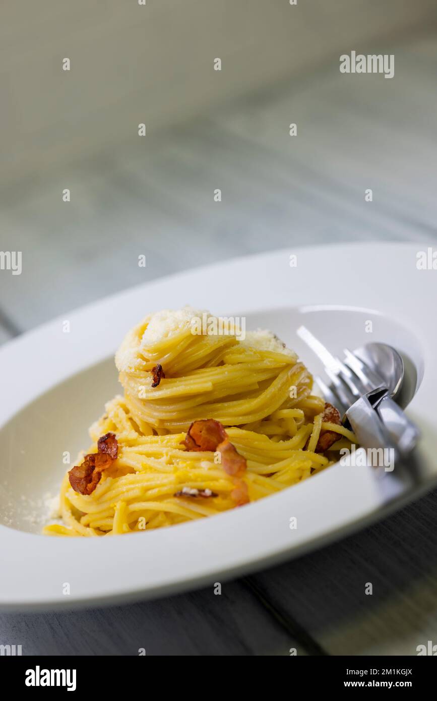 still life of spaghetti alla carbonara Stock Photo - Alamy