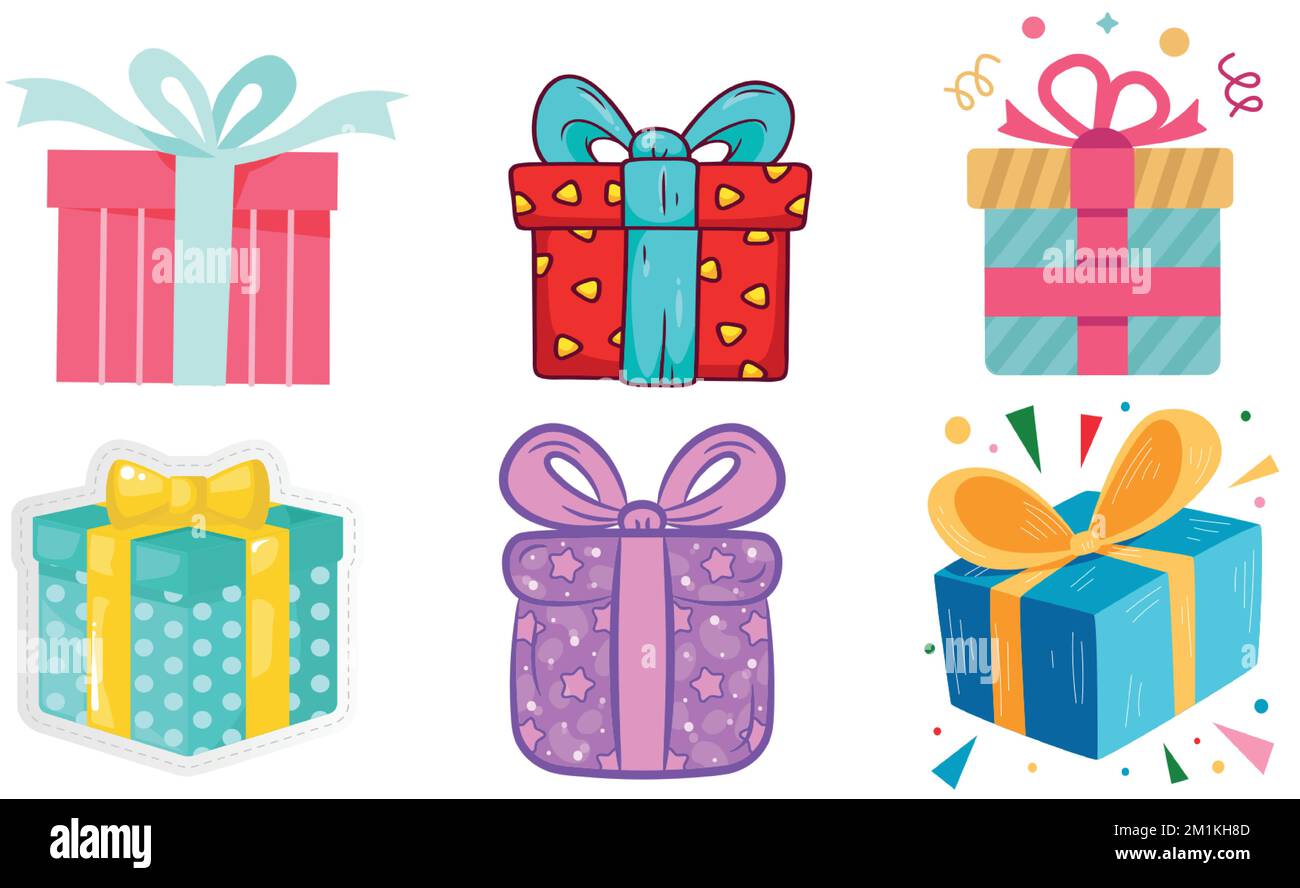 A digital illustration of a set of cute wrapped presents and gifts on a ...