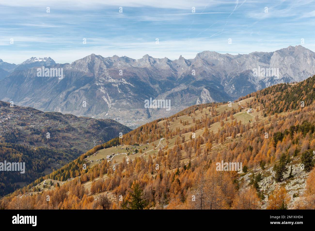 Panorama swiss valley hills and mountains in Balavaux and Nendaz region ...