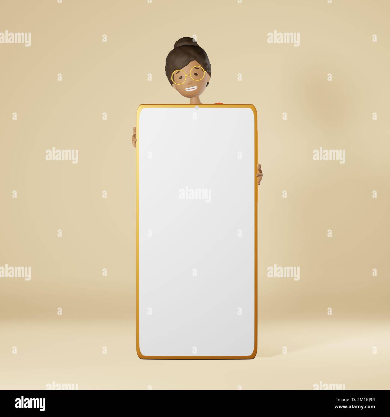 Happy African American girl peeks out from big smartphone mockup beige ...