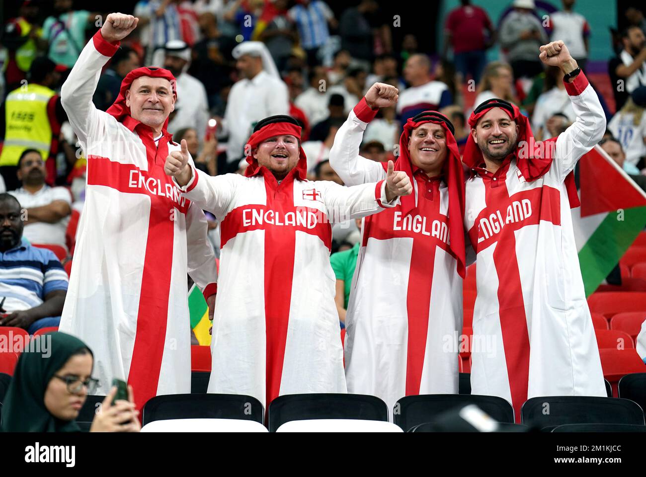 File photo dated 04-12-2022 of England fans dressed in thobe's ahead of ...
