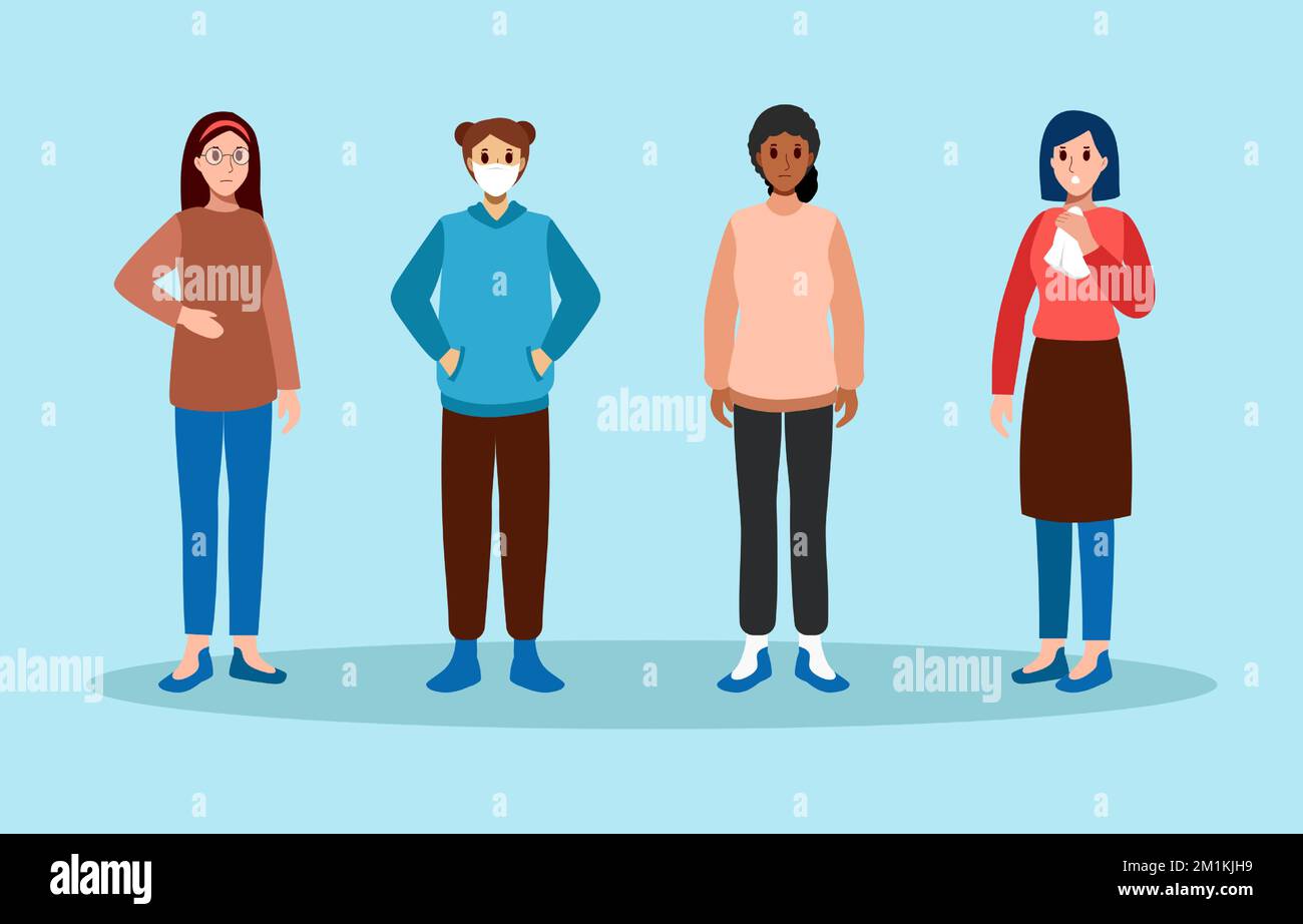 Masked women patients with casual clothes . Cartoon characters design ...