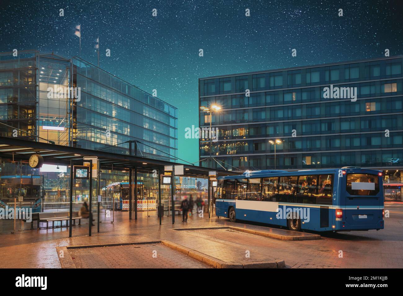 Helsinki, Finland. Bus Is At Stop On Helsinki Railway Square. Bright ...