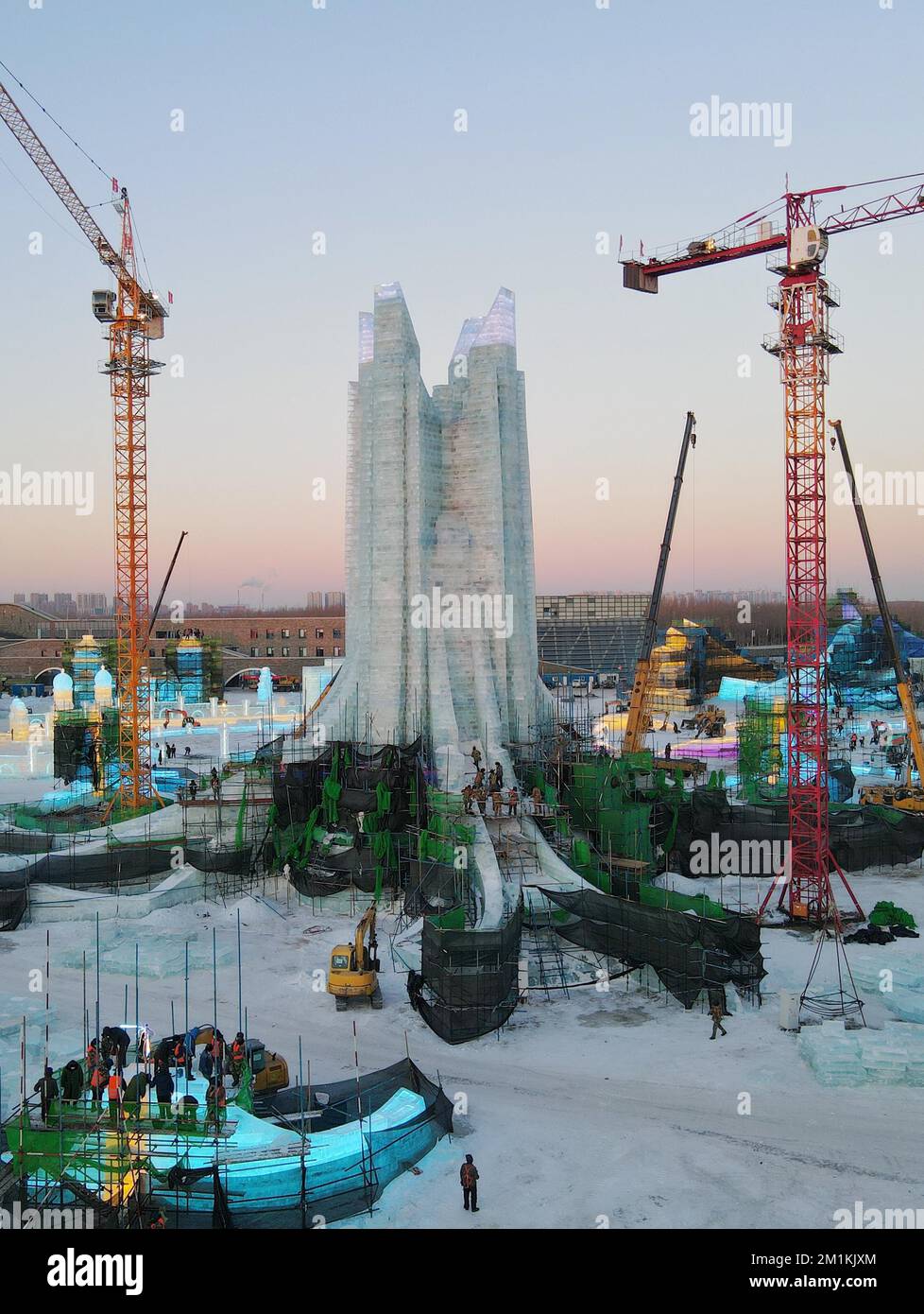 Aerial photo shows the 41-meter-high main tower of the 24th Harbin Ice ...