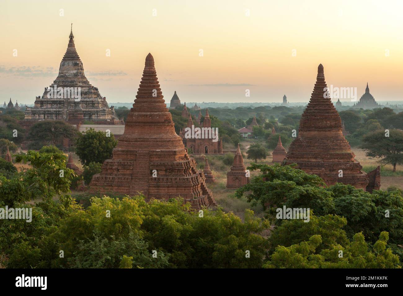 Bagan Temples in green trees at sunset. Buddhist pagodas in Myanmar ...