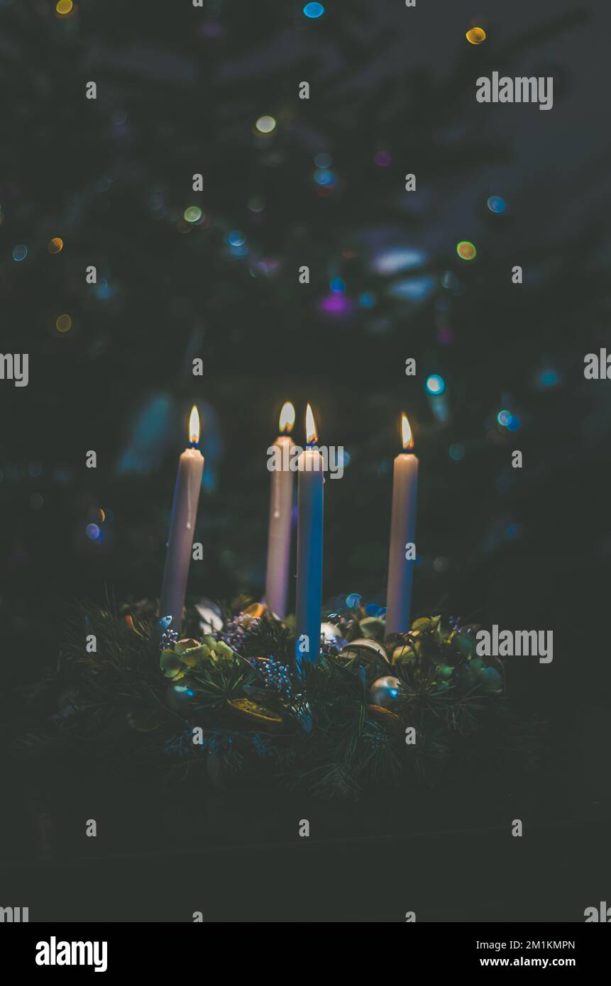burning candles on advent wreaths with christmas tree background Stock ...