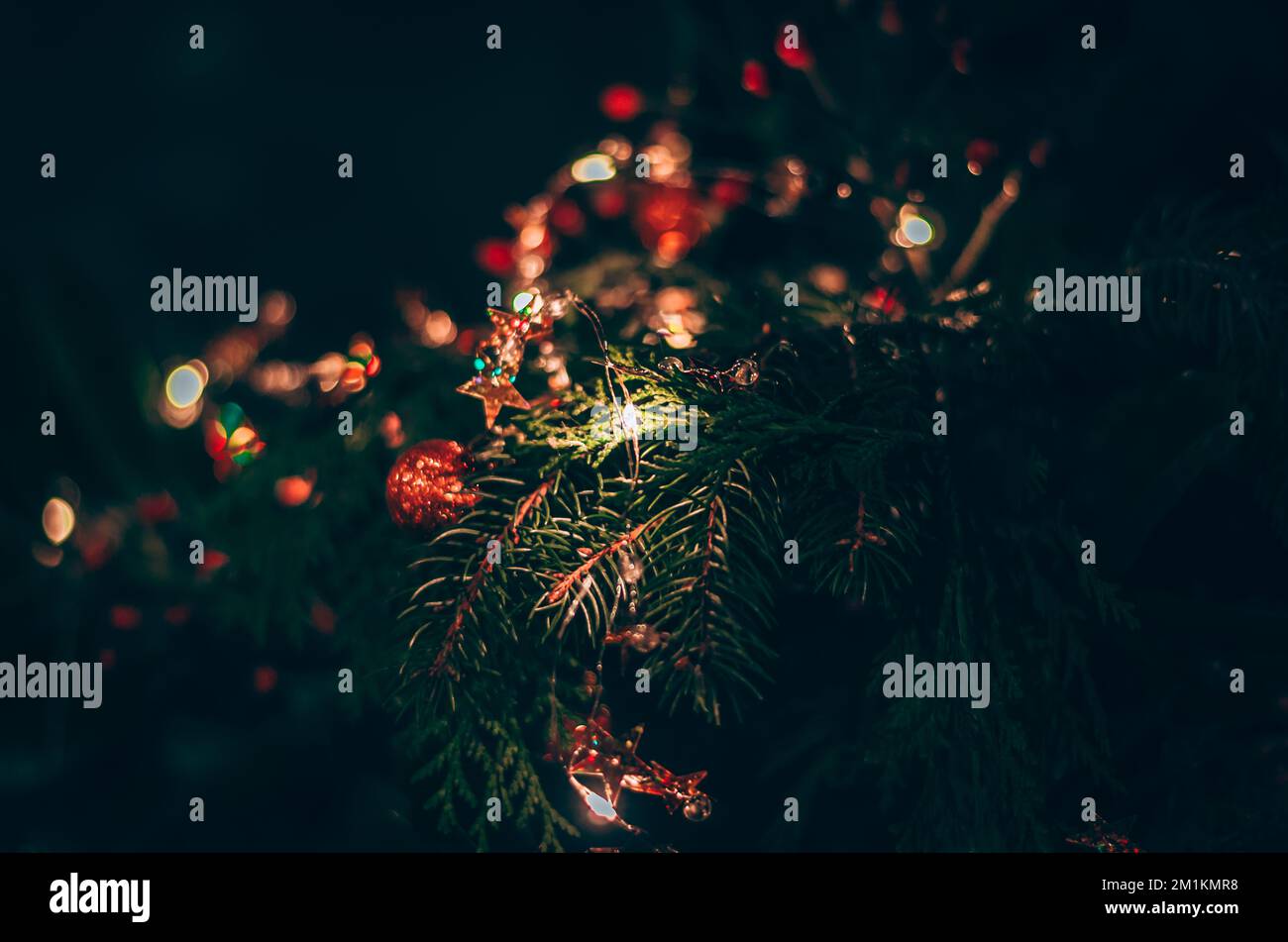 red golden lights on christmas tree detail Stock Photo - Alamy