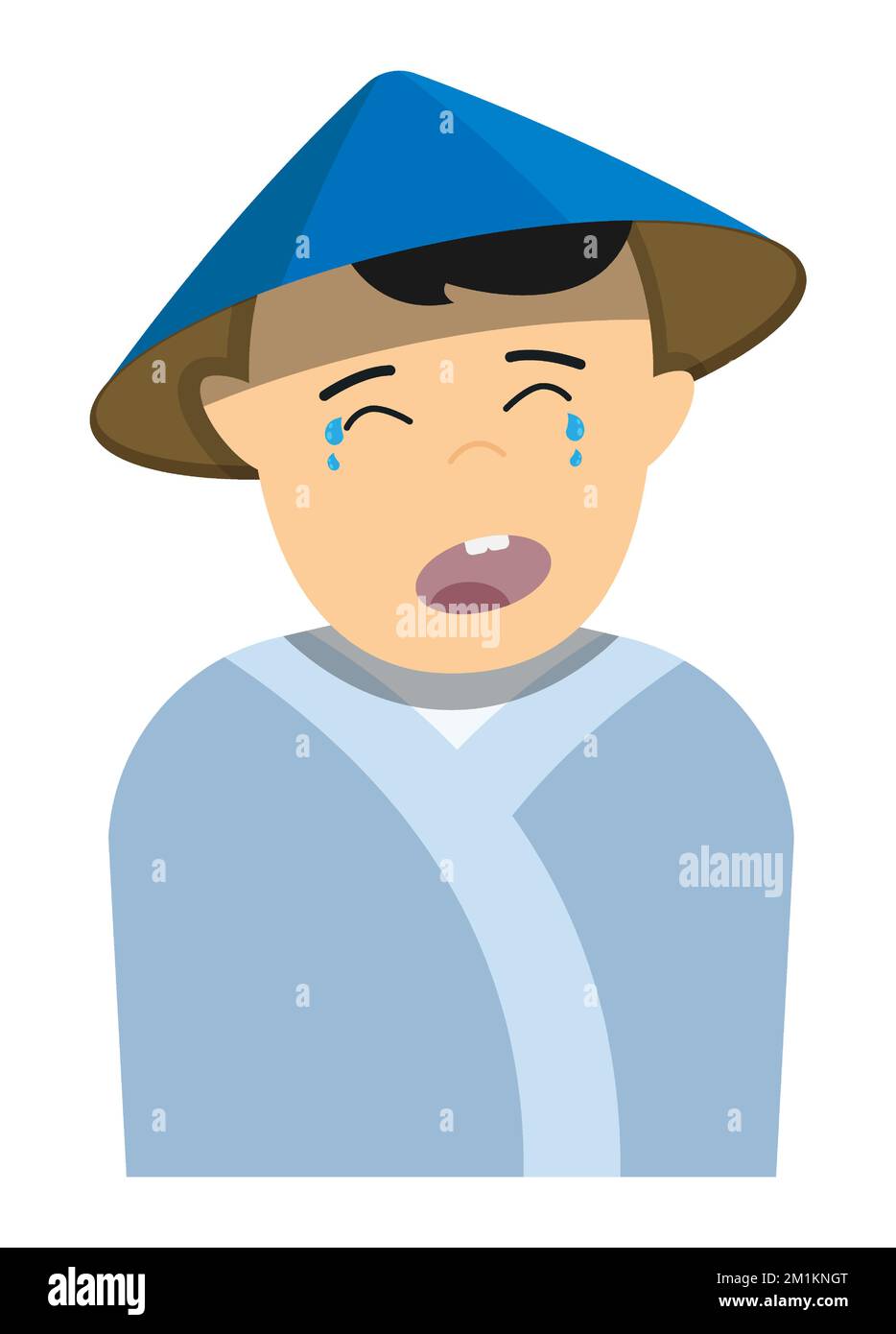 Little asian boy in national clothes and round hat cries from grief and ...