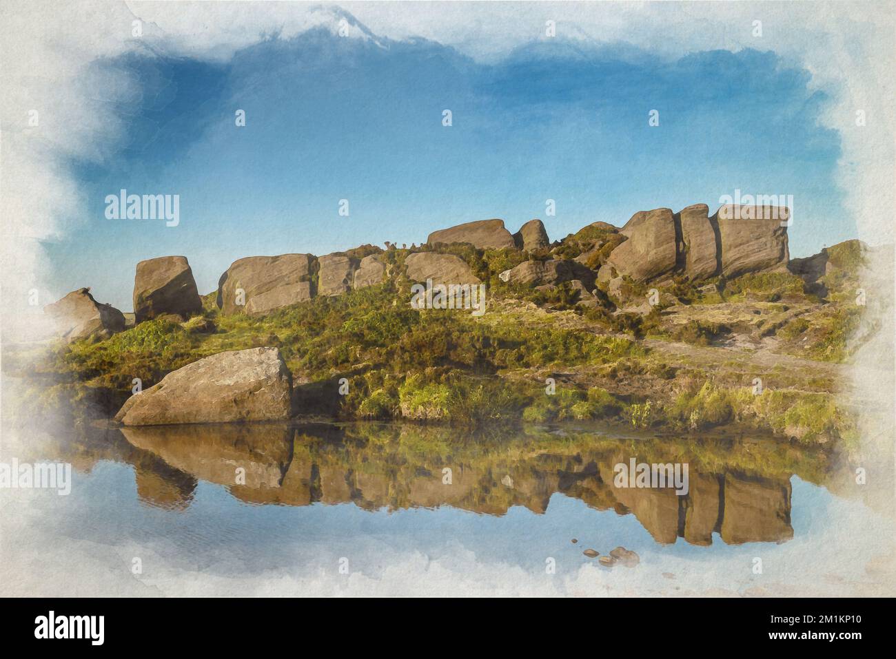 Digital watercolor painting of Doxey Pool reflections at sunset on The ...