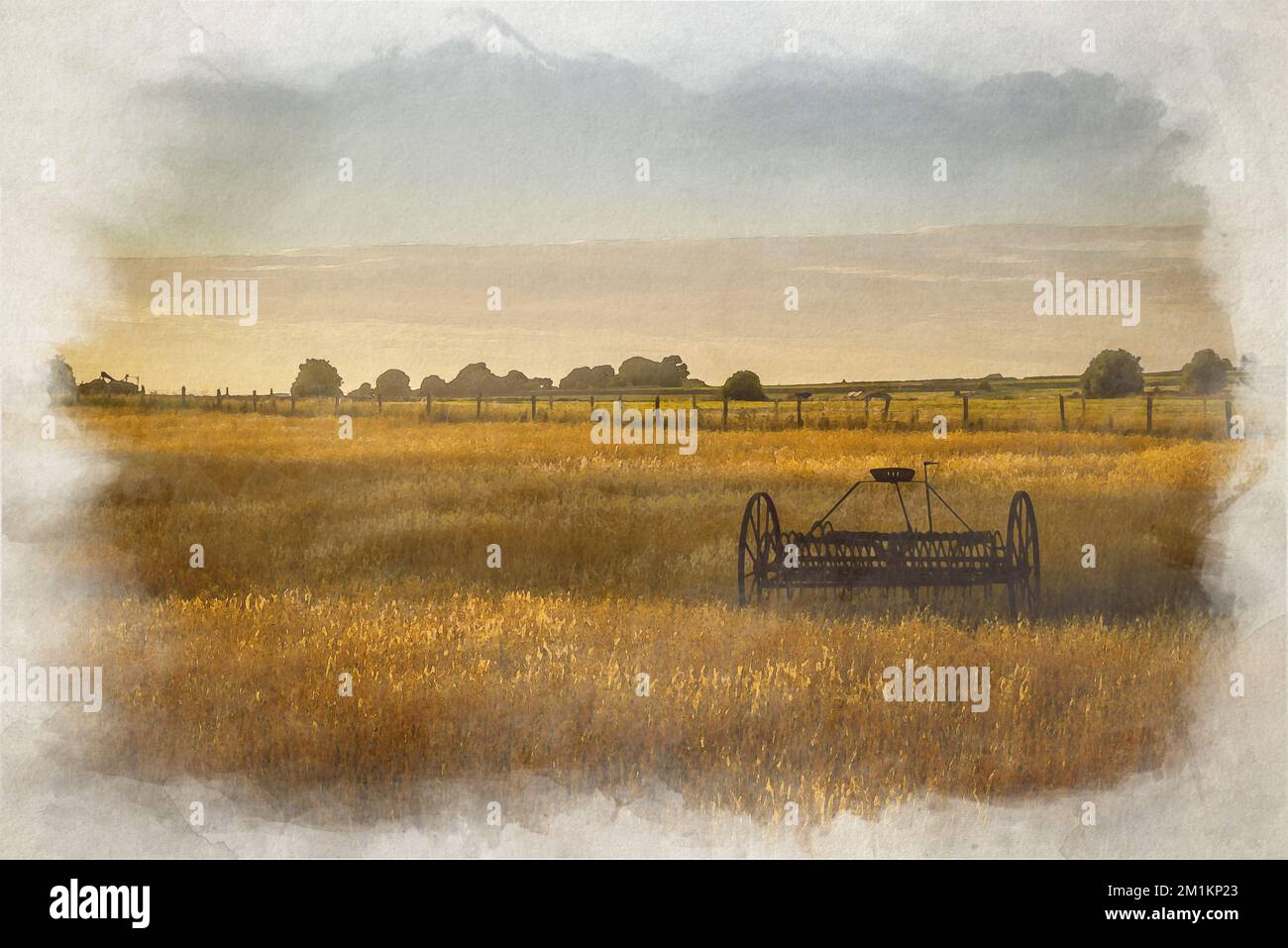 A digital watercolor rural landscape painting of an antique hay rake in ...