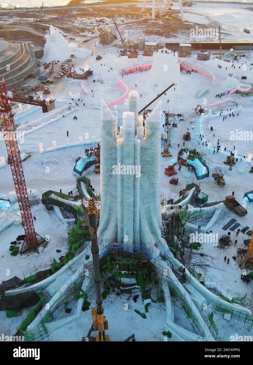 Aerial photo shows the 41-meter-high main tower of the 24th Harbin Ice ...