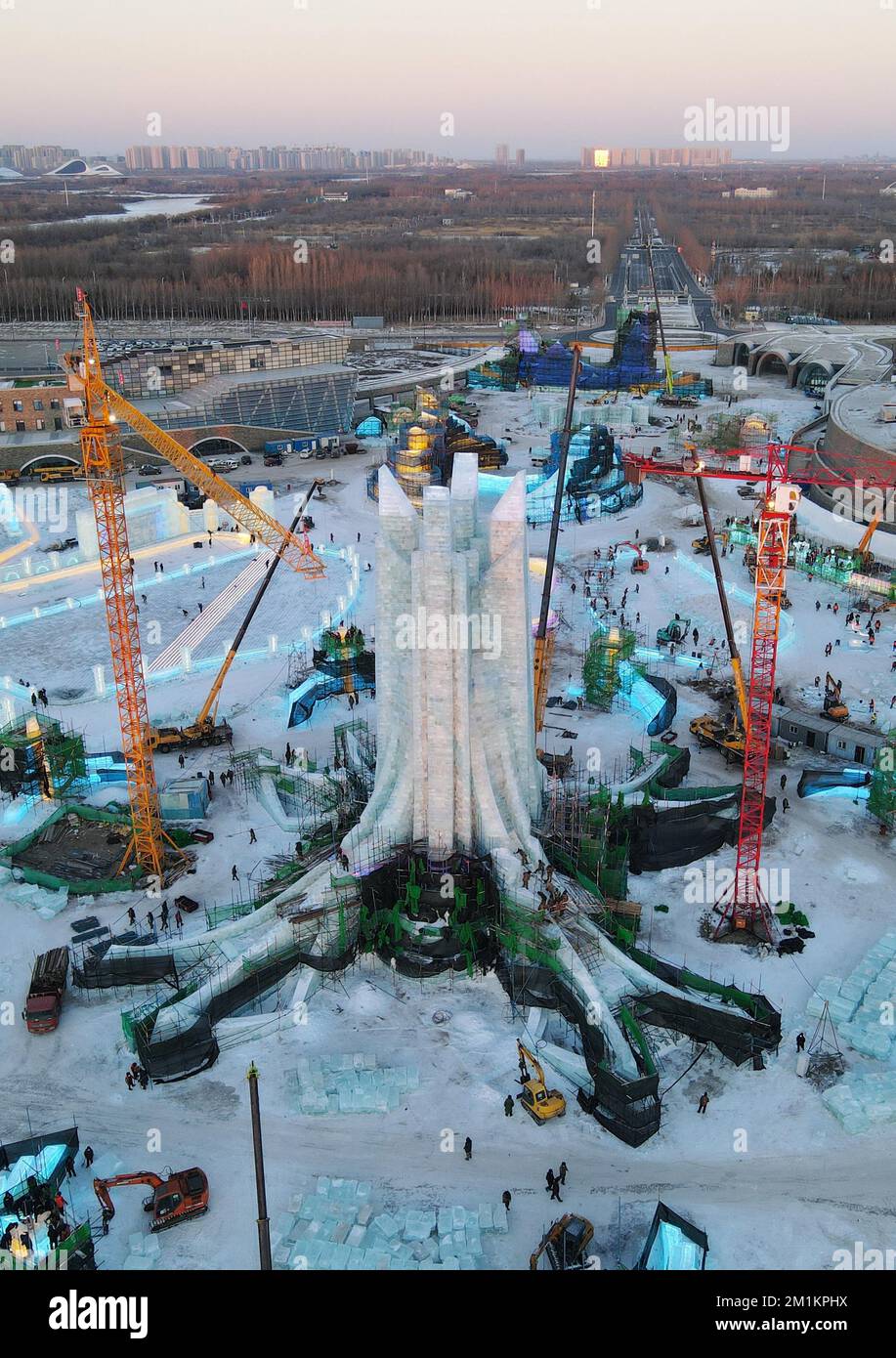 Aerial photo shows the 41-meter-high main tower of the 24th Harbin Ice ...