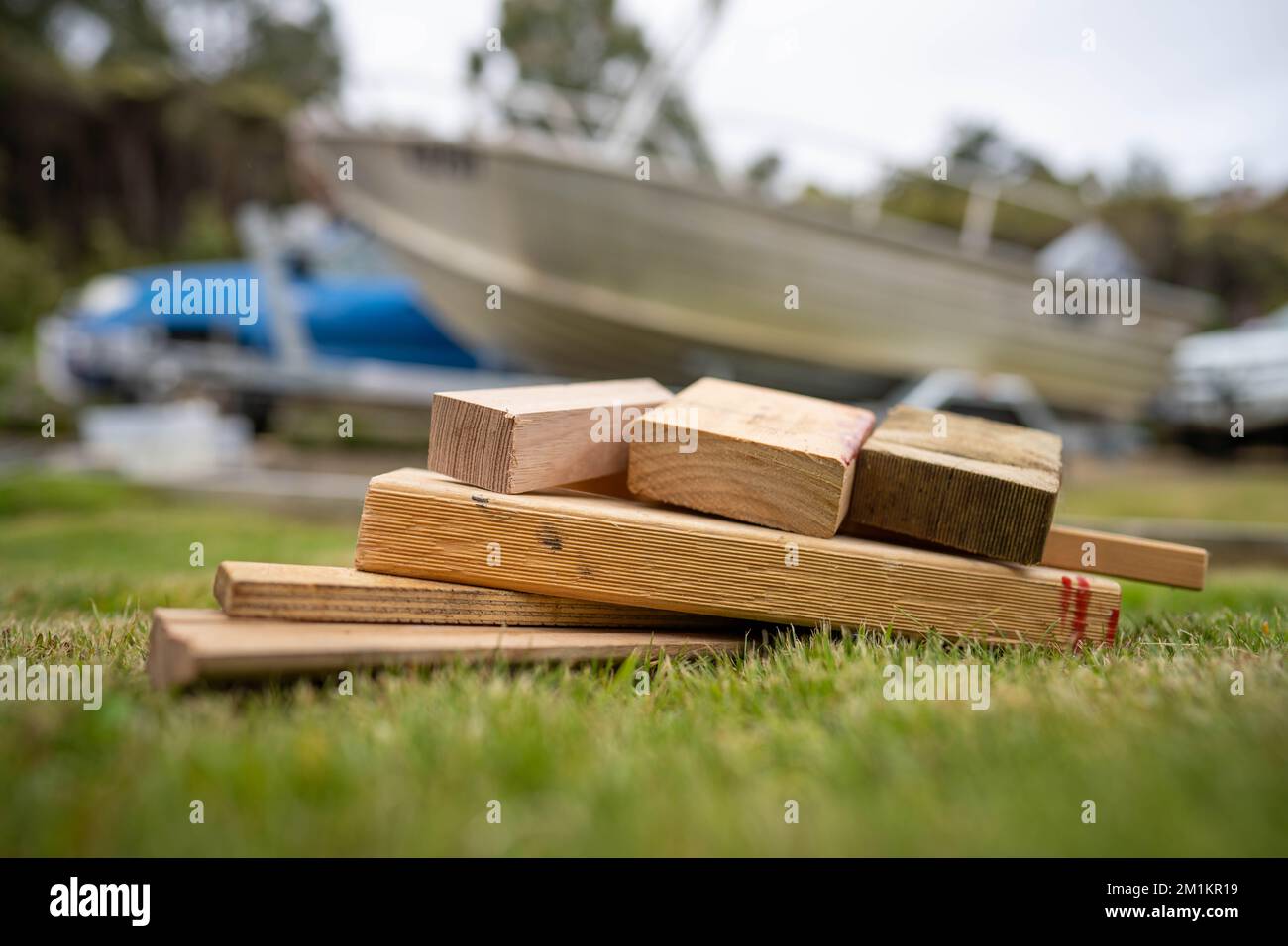 wood chocks for a caravan and camping. chocks behind a tyre. camping ...