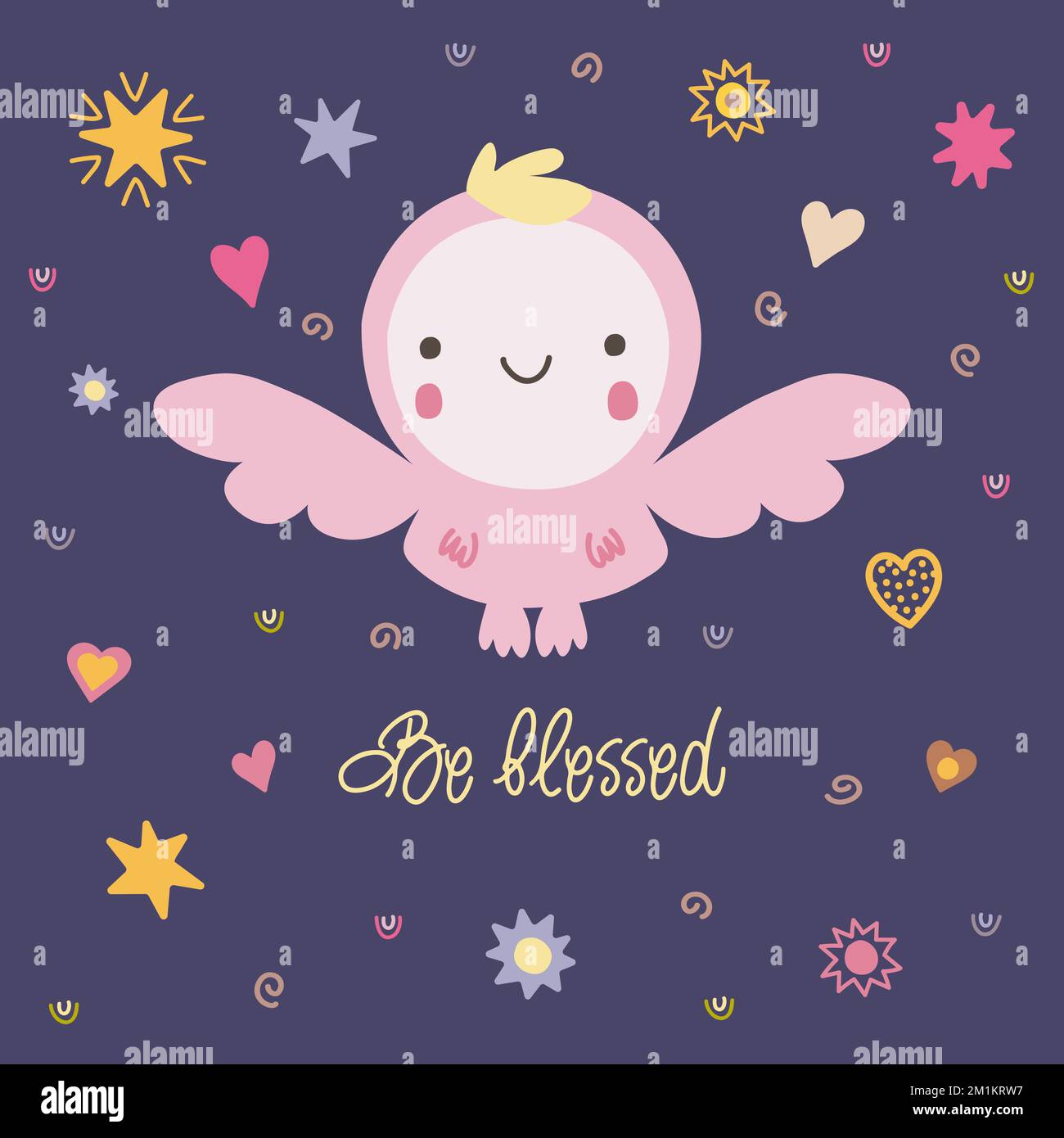 Pink doodle, kawaii style angel surrounded by festive elements with ...