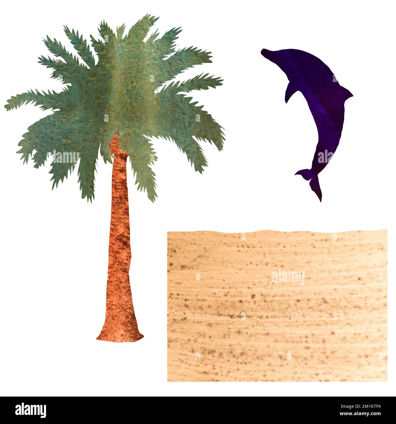 Symbol dolphin sand palm set collage watercolor Stock Photo - Alamy