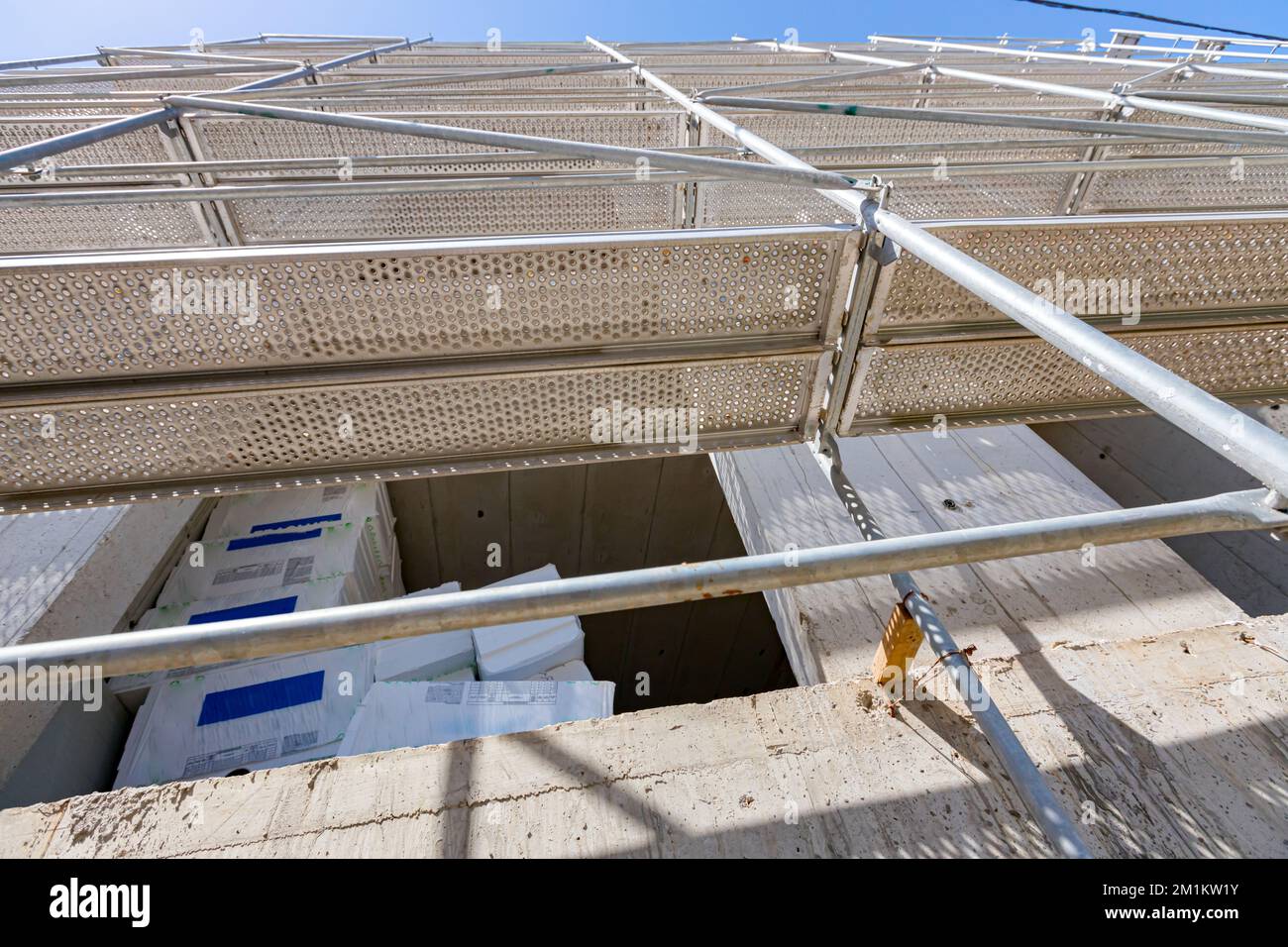 Shot from bellow, packages of Styrofoam for thermal insulation placed ...