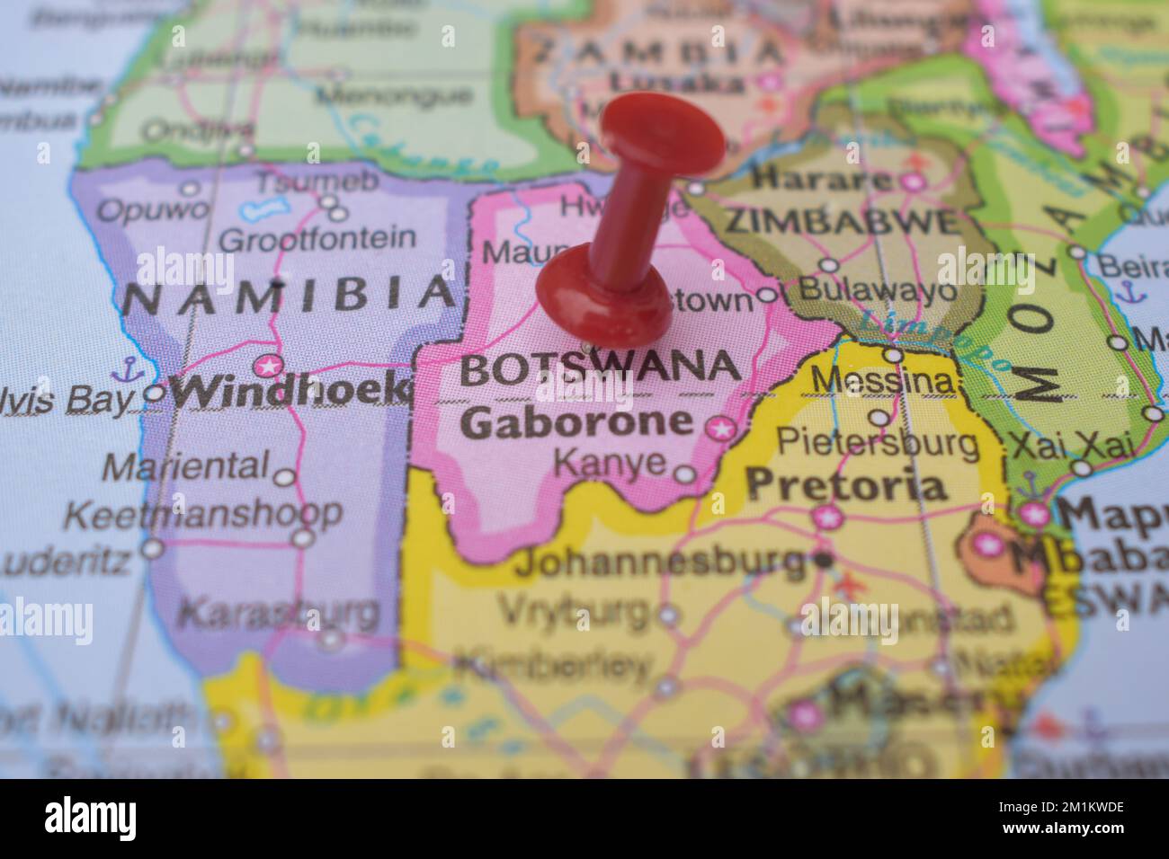 Red Push Pin Pointing on Location of Botswana World Map Close-Up View ...