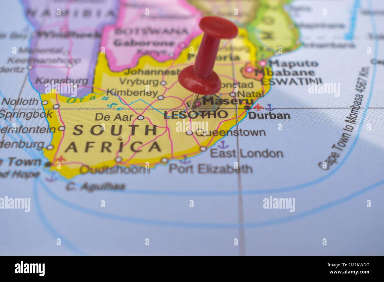 Red Push Pin Pointing on Location of Lesotho World Map Close-Up View ...