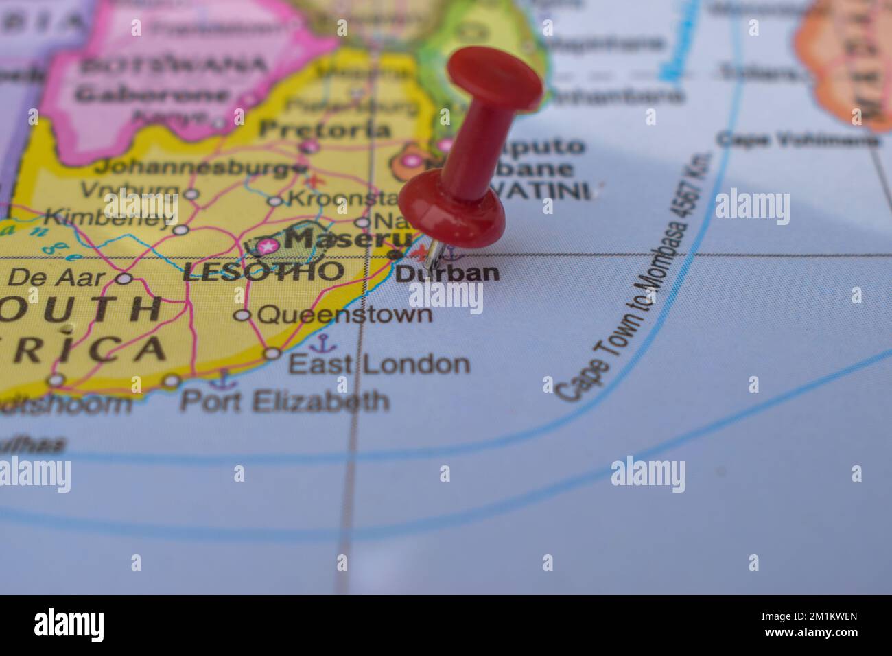 Red Push Pin Pointing on Location of Durban World Map Close-Up View ...