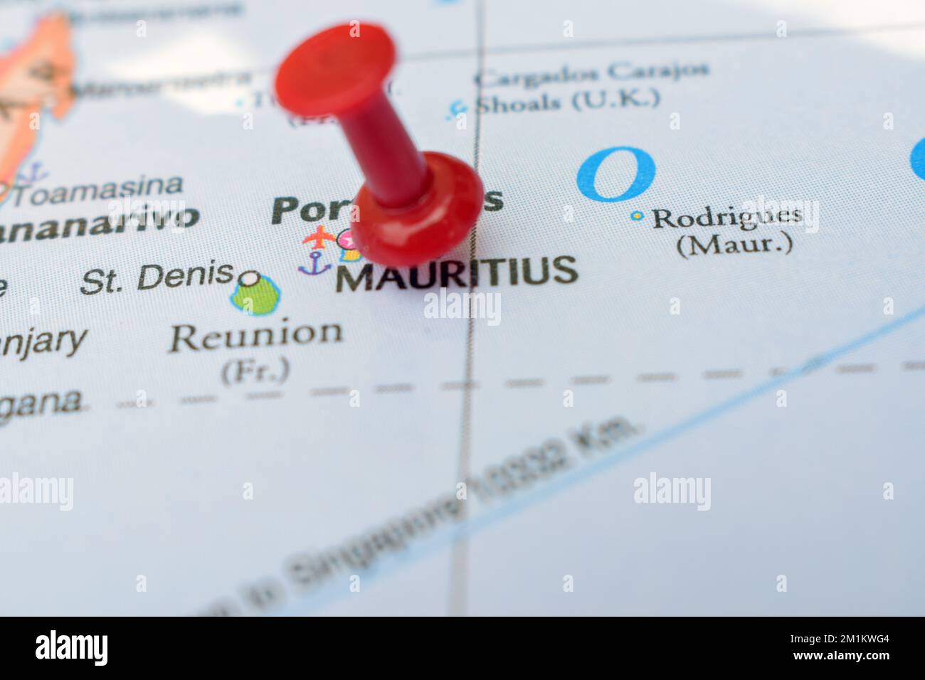 Red Push Pin Pointing on Location of Mauritius World Map Close-Up View ...