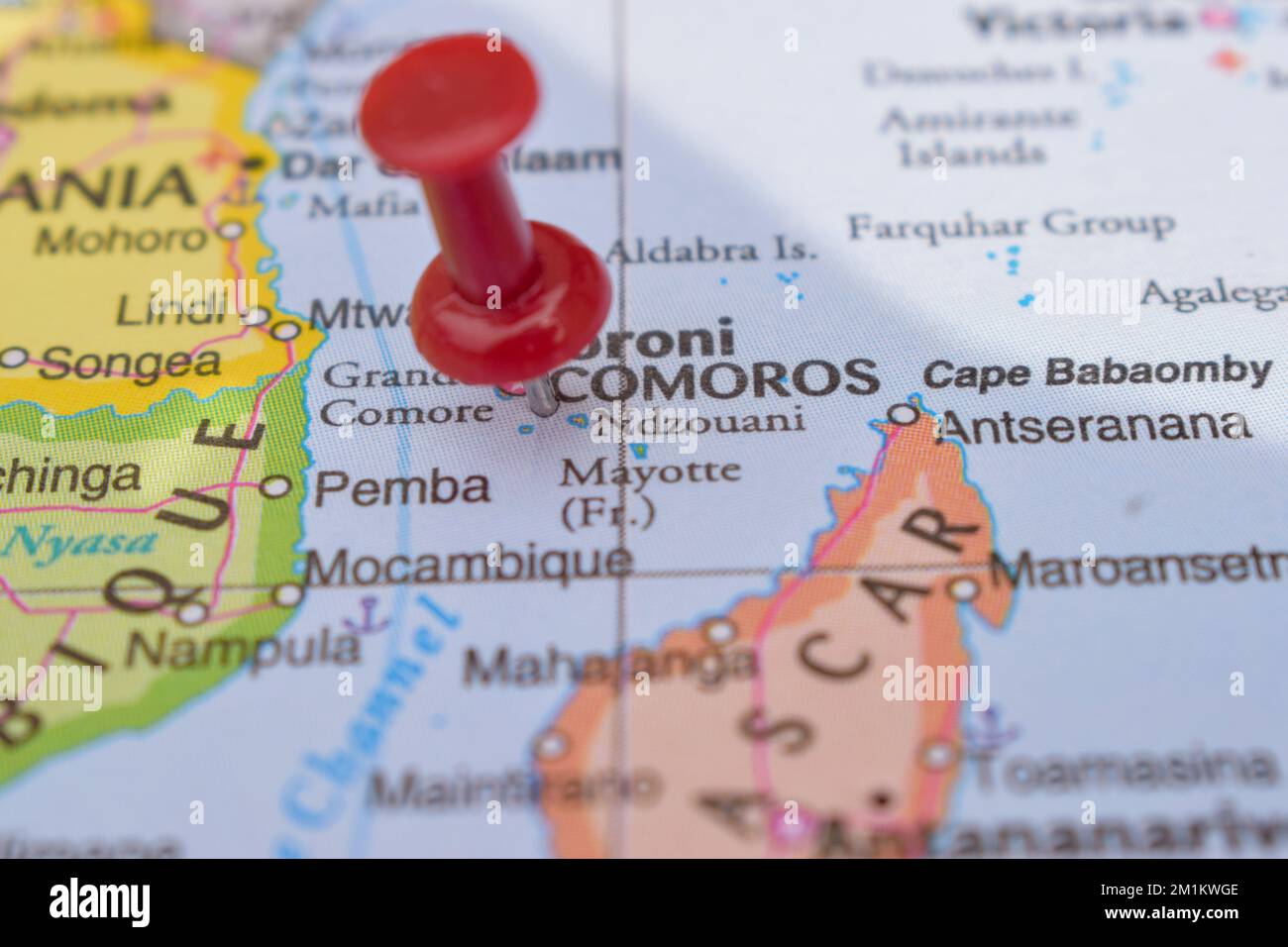 Red Push Pin Pointing on Location of Comoros World Map Close-Up View Stock Photograph Stock ...