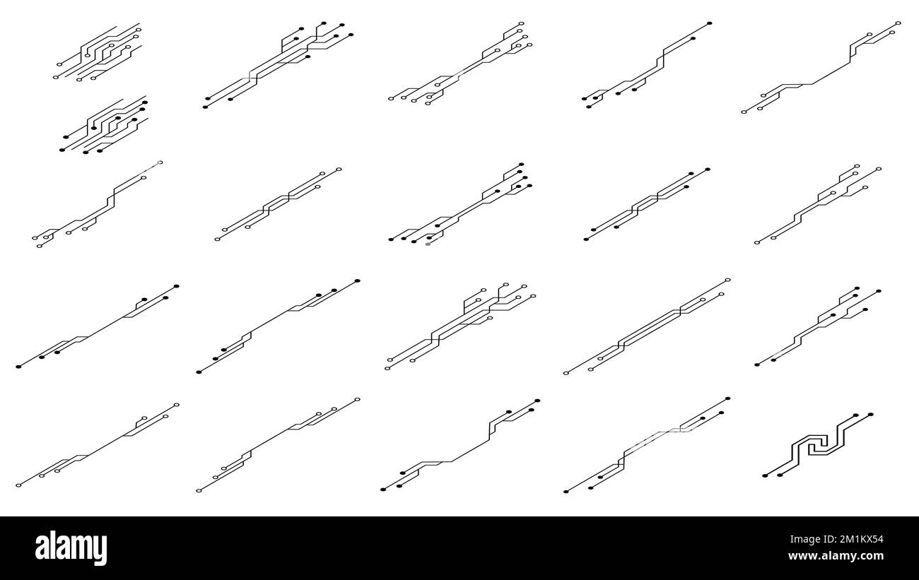 Isometric set of printed circuit board PCB tracks silhouettes isolated ...