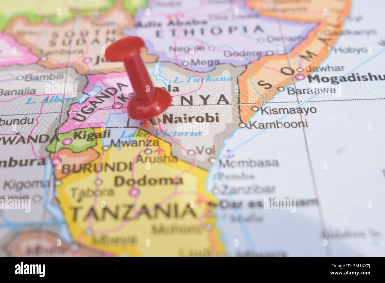 Red Push Pin Pointing on Location of Nairobi World Map Close-Up View ...
