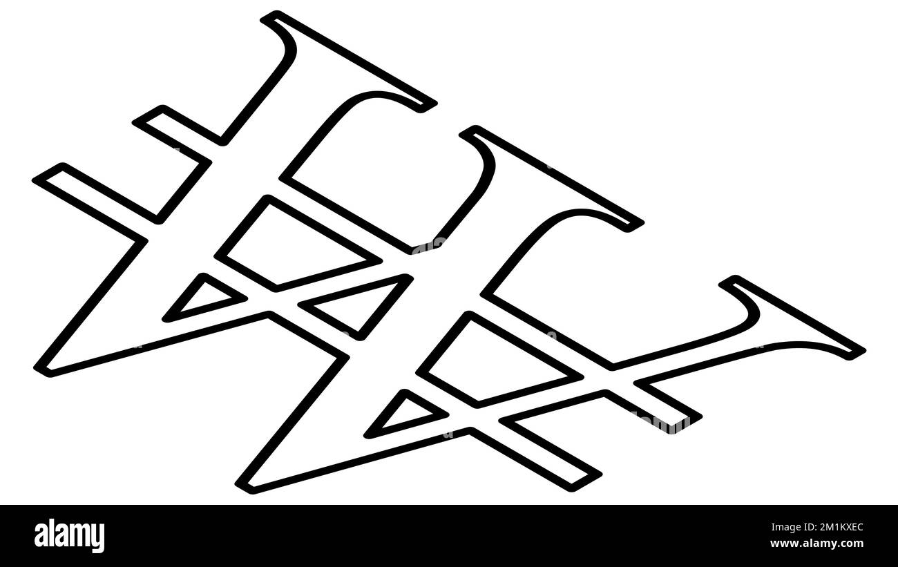 South Korean won KRW currency sign black outline isometric view ...