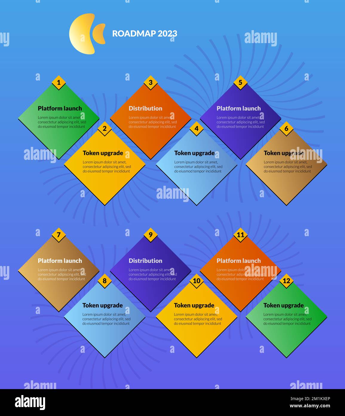 Blue modular geometric roadmap with twelve colorful rhombuses. Timeline ...
