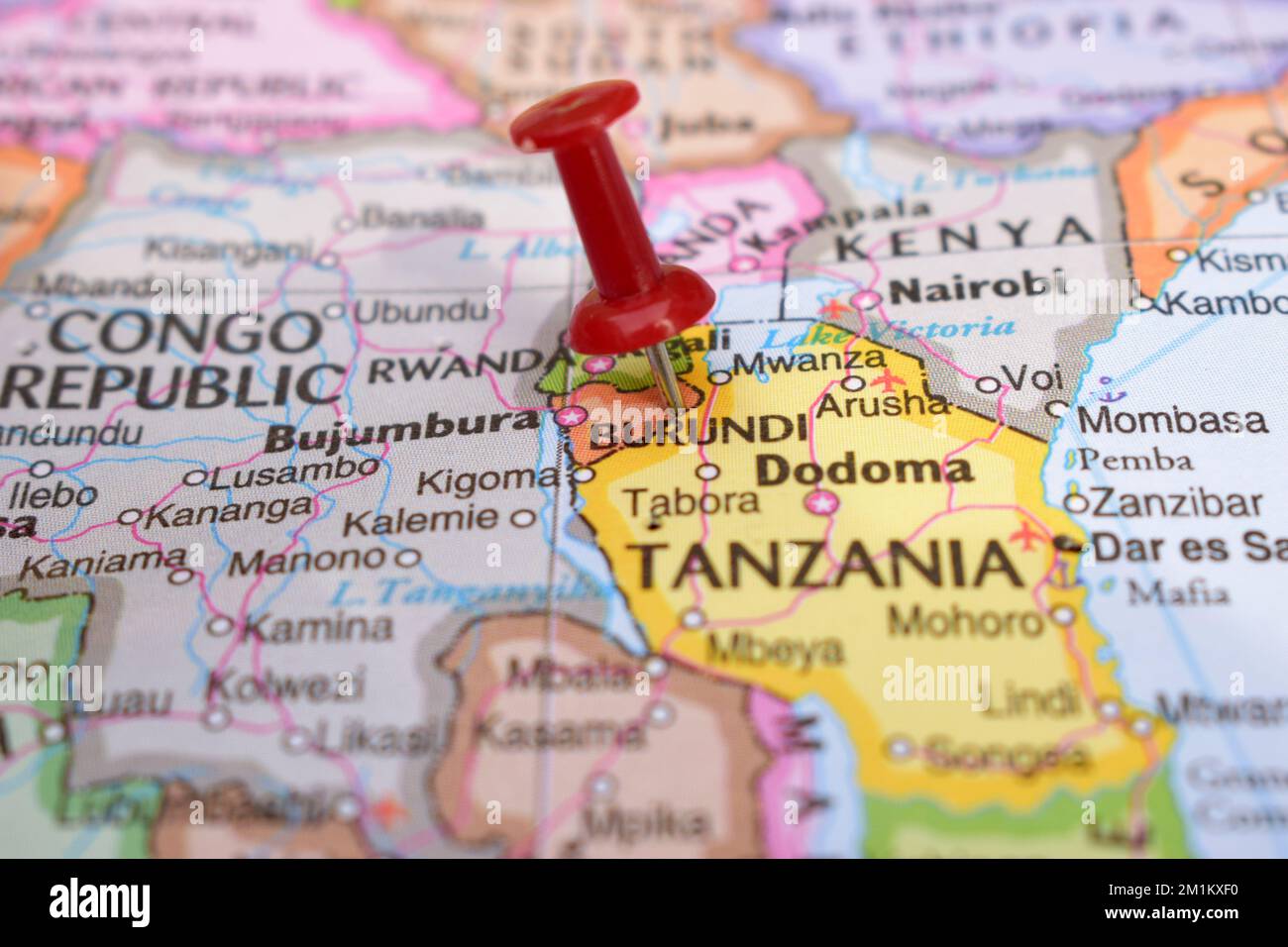 Red Push Pin Pointing on Location of Burundi World Map Close-Up View ...