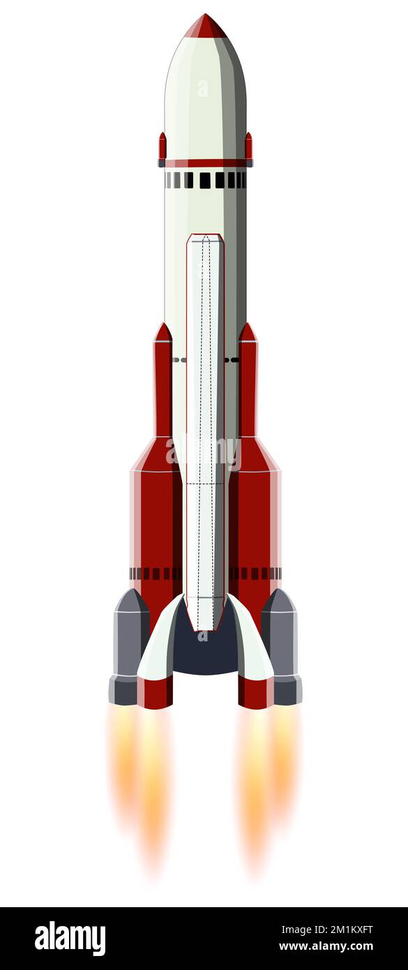 Cartoon space rocket with elongated body and flame from nozzles ...