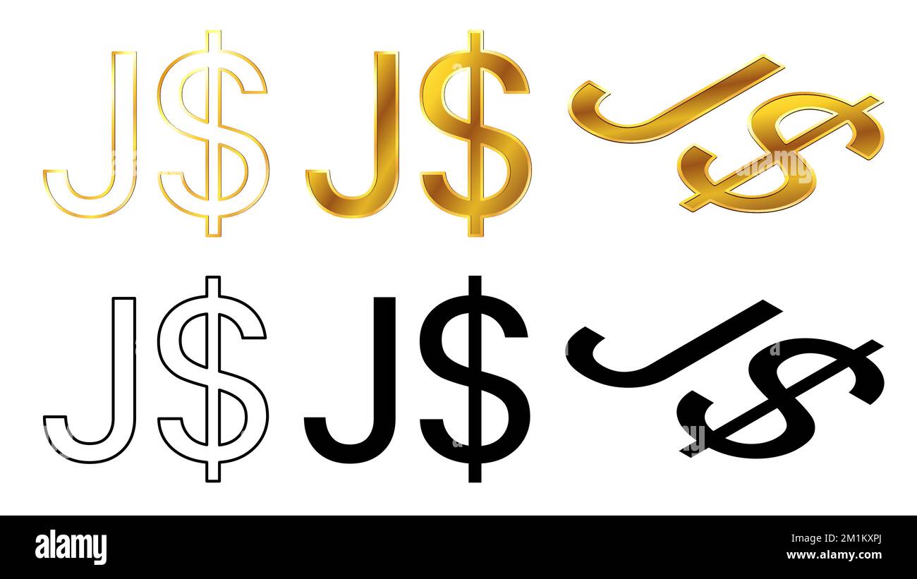 Jamaican dollar JMD currency golden signs, silhouette and outline ...
